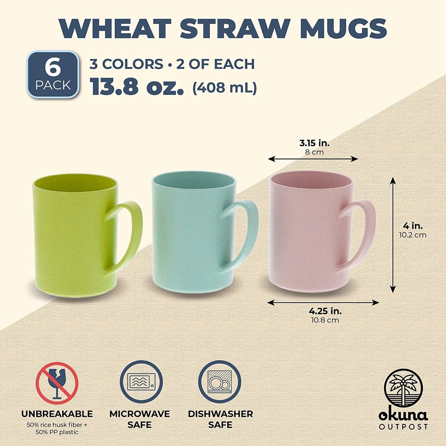 6 Pack Unbreakable Wheat Straw Cups for Coffee, Tea, Milk, Juice, 3 Co – Okuna Outpost